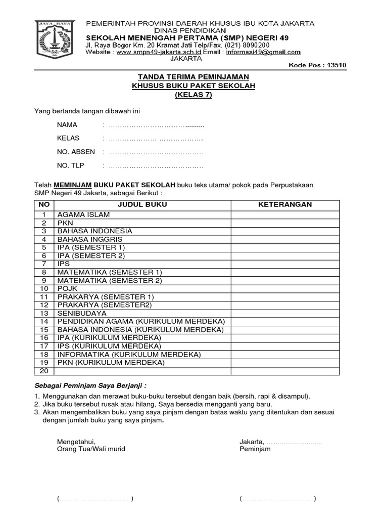 Form Tanda Terima Peminjaman & Pengembalian Buku Paket Kelas 7 Kurmer ...