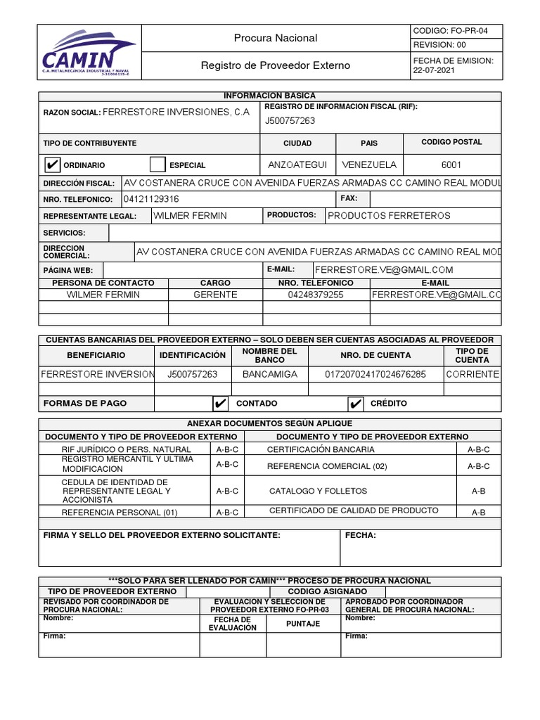 FO-PR-04 Registro de Proveedor Externo LLENO 2 | PDF