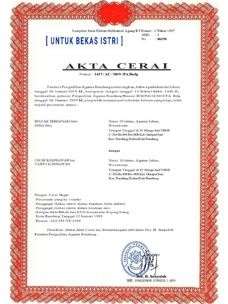 Akta Cerai Istri Inaya | PDF