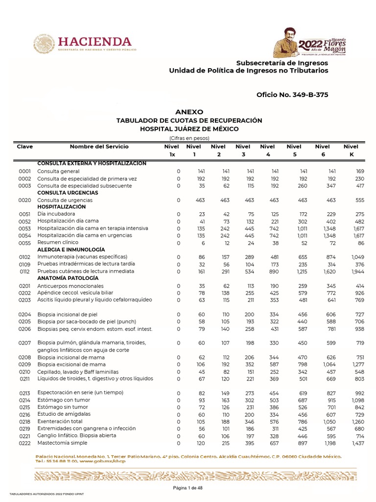 Tabulador de Precios Hospital Juárez 2025 | PDF | Tratamientos médicos ...