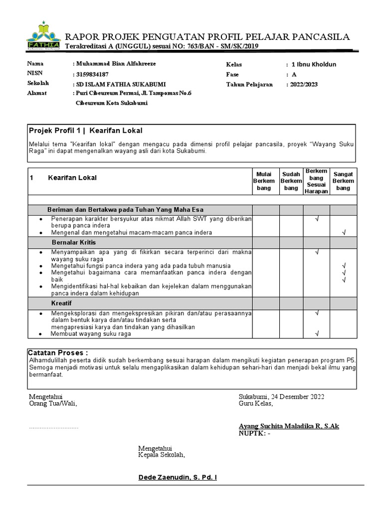 Rapot Projek Kelas 1 M. Bian | PDF