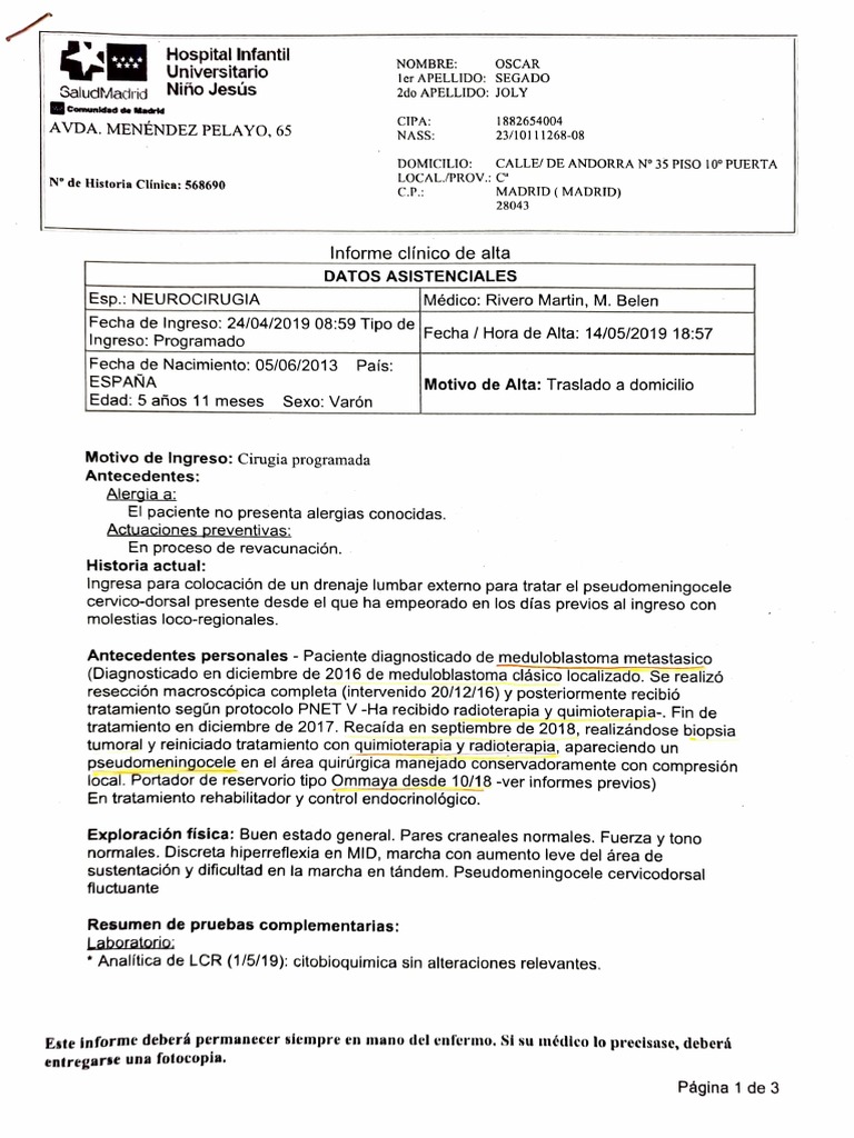 Informe Neurocirugía 20190514 | PDF | Medicina CLINICA | Especialidades ...