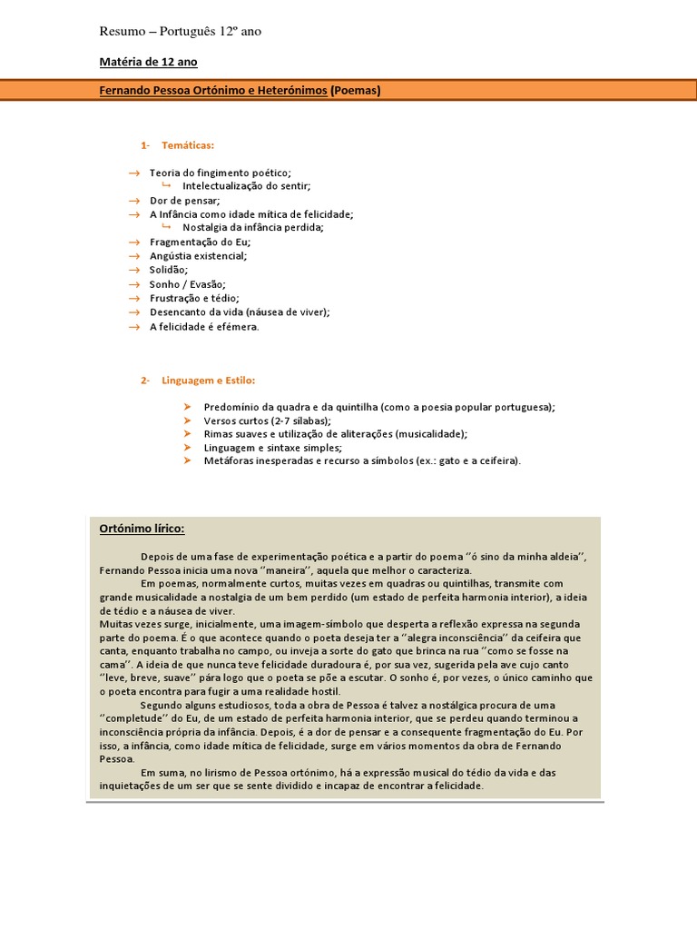Resumo 12º Ano Portugues | PDF | Pensamento