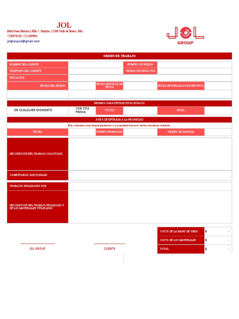 Plantilla de Orden de Trabajo JOL | PDF