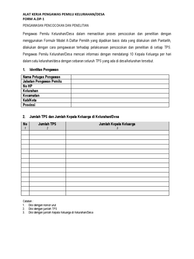 Alat Kerja Panwaslu Desa - Form A Dp-1 | PDF