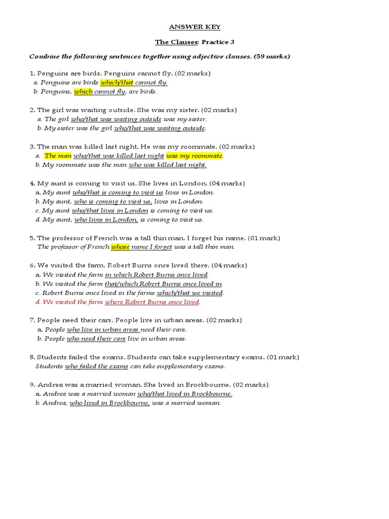 ANSWER KEY-Combining The Clauses | PDF