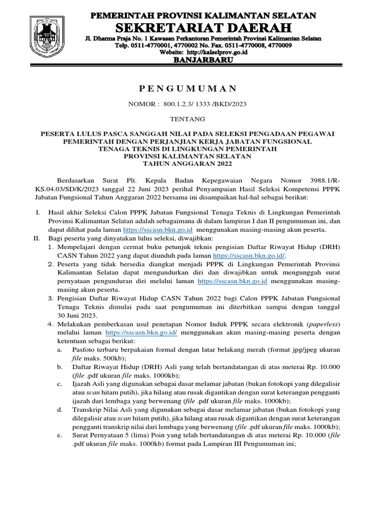 Pengumuman Hasil Selkom Pasca Sanggah Dan Pemberkasan Uusl Penetapan NI PPPK Peserta Lulus PPPK ...