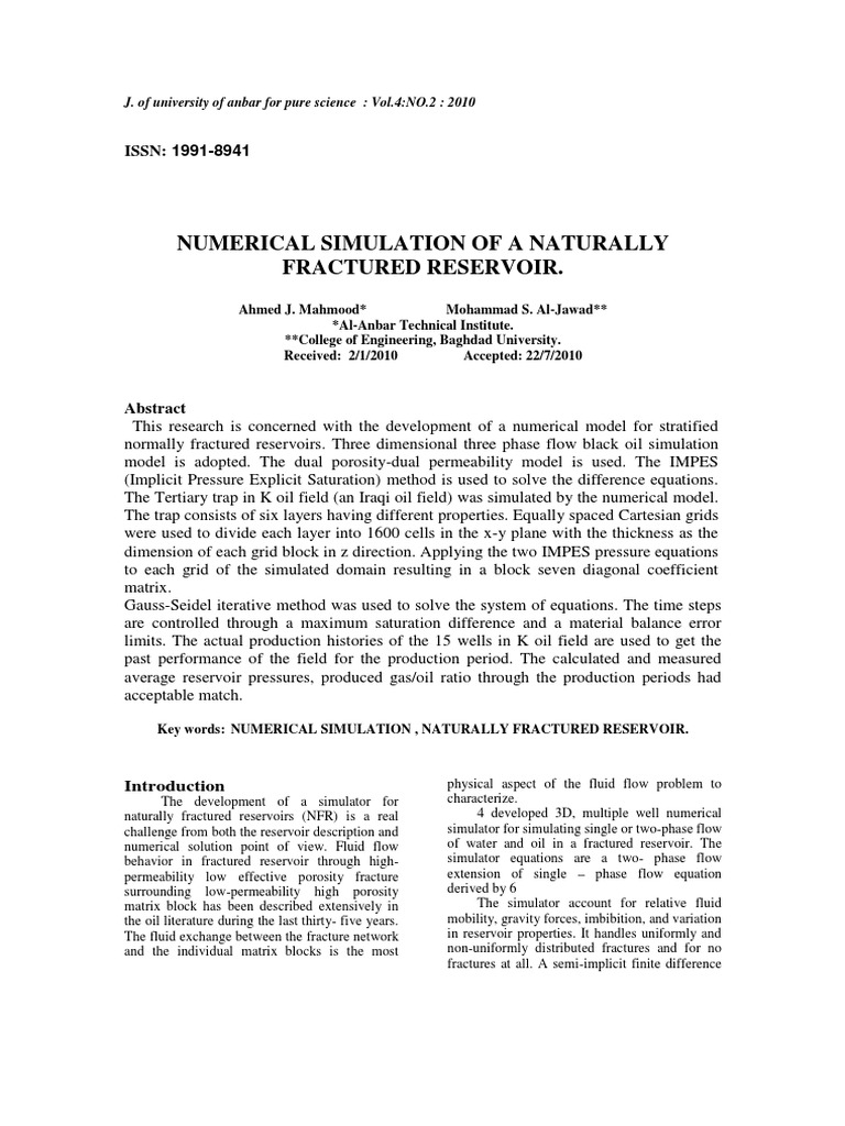 Numerical Simulation of A Naturally Fractured Reservoir.: ISSN: 1991-8941 | PDF | Petroleum ...