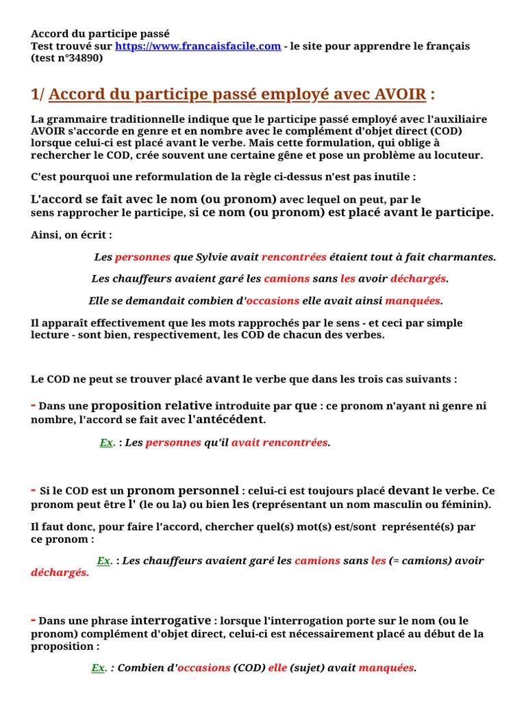 Accord Du Participe Passé | PDF | Pronom | Genre grammatical