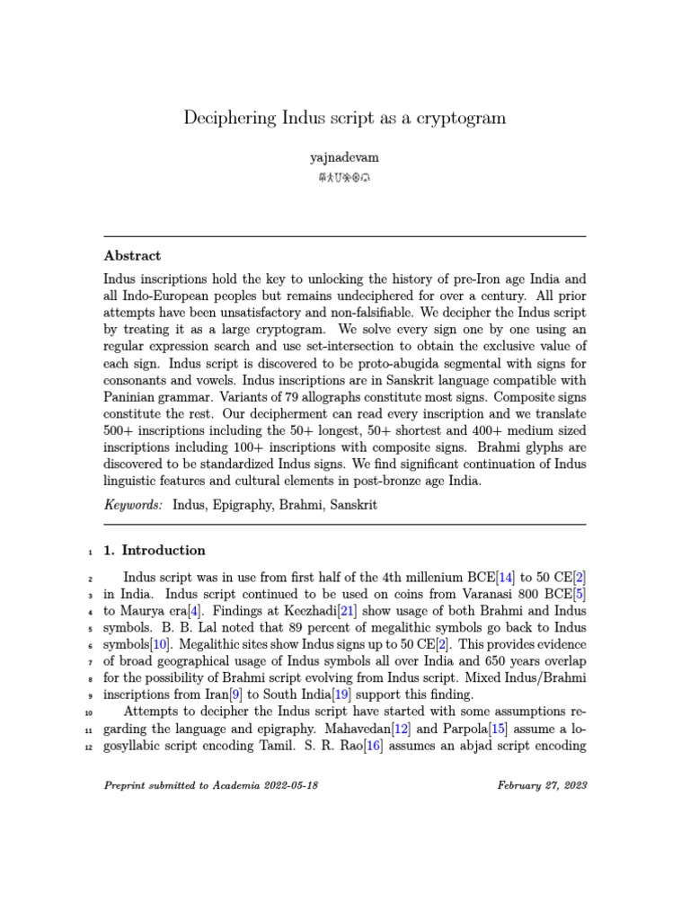 Deciphering Indus Script as Cryptogram | PDF | Writing | Linguistics