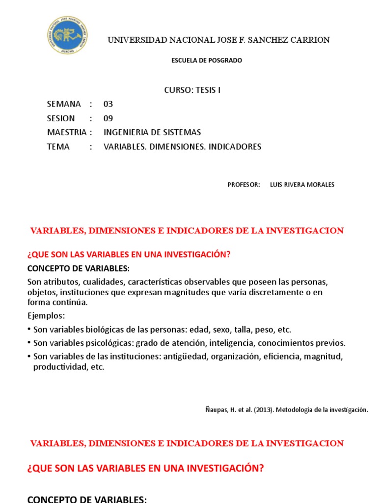 SEMANA 03. Sesión 09. Variables. Dimensiones. Indicadores. | PDF ...