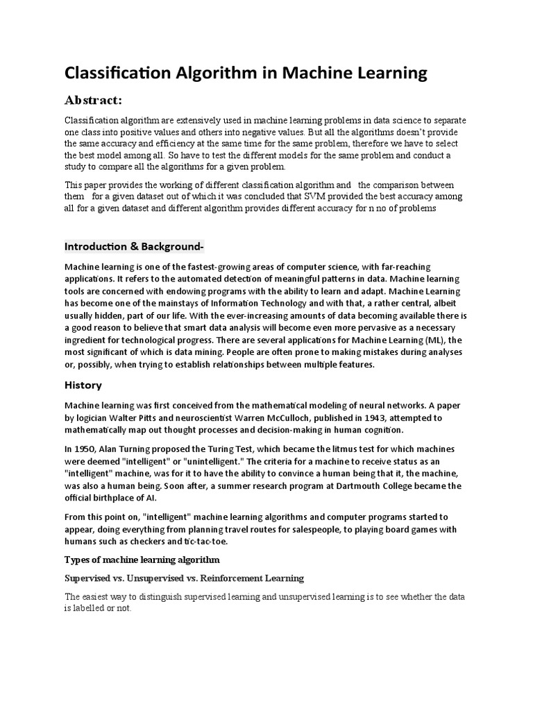 Classification Algorithm in Machine Learning | PDF | Machine Learning | Support Vector Machine