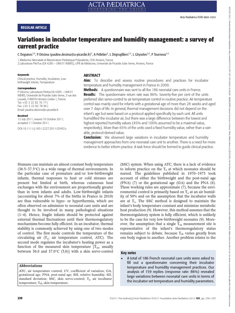Acta Paediatrica - 2011 - Deguines - Variations in Incubator Temperature and Humidity Management ...