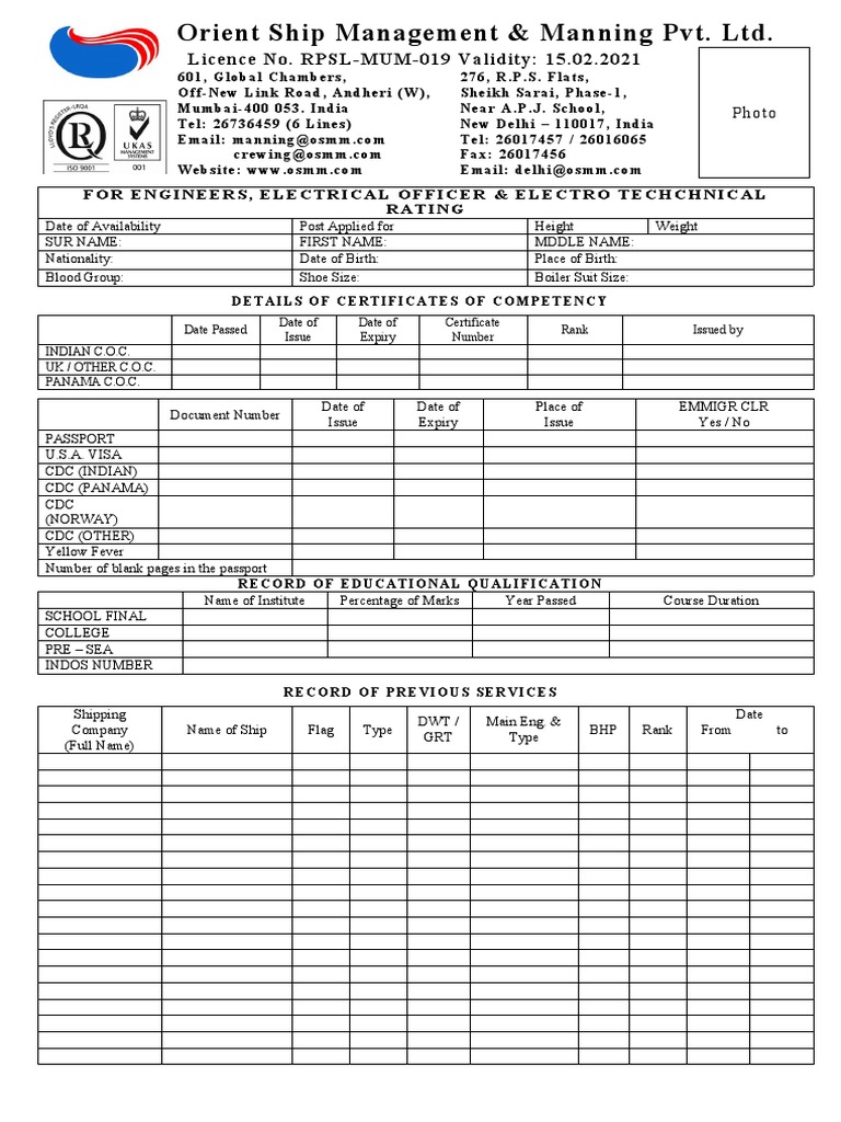 Orient Ship Management Application Form | PDF