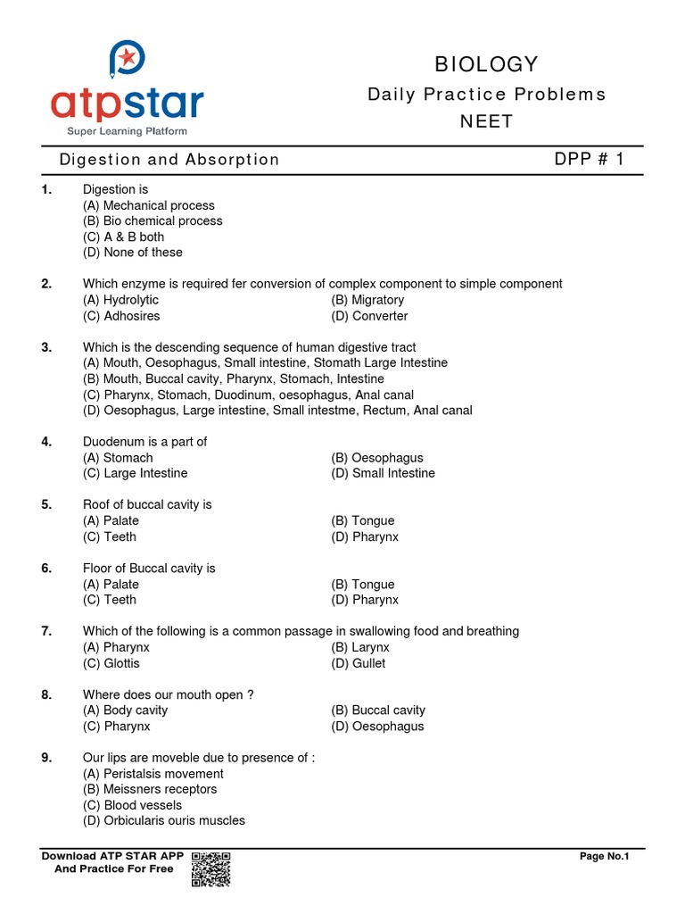 Digestion and Absorption DPP 1-20210501163602866498 | PDF | Mouth ...