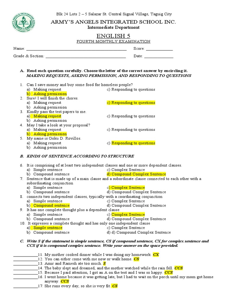 English 5 Fourth Monthly Exam | PDF | Sentence (Linguistics) | Syntax