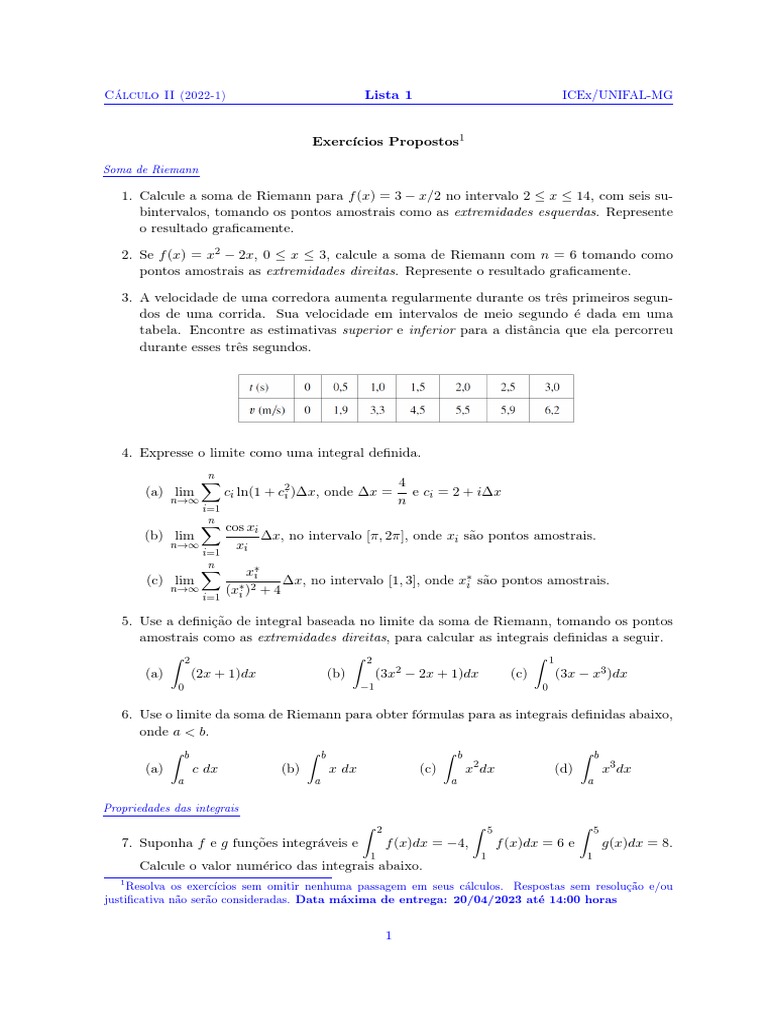 Lista1 CalculoII | PDF | Integrante | Limite (Matemática)