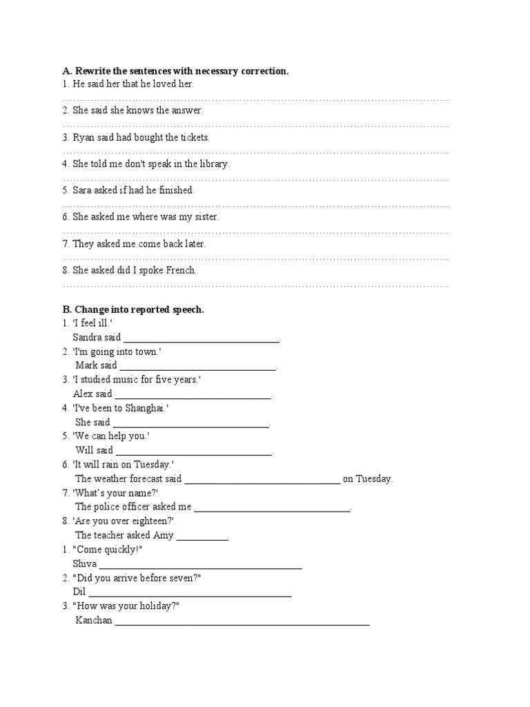 Reported Speech Questions Pdf