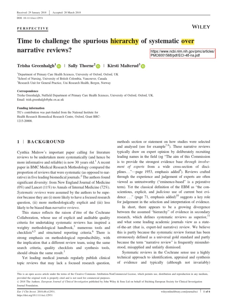 Challenge The SPURIOUS HIERARCHY of Systematic OVER Narrative Reviews ...