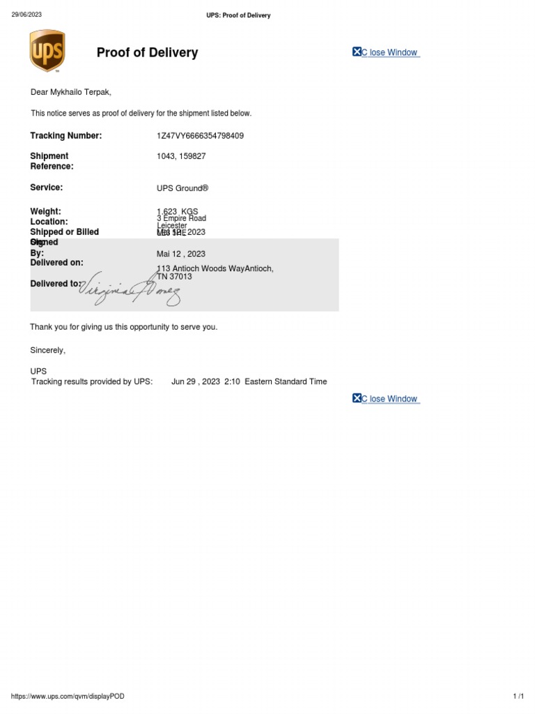 Proof of Delivery UPS PDF | PDF
