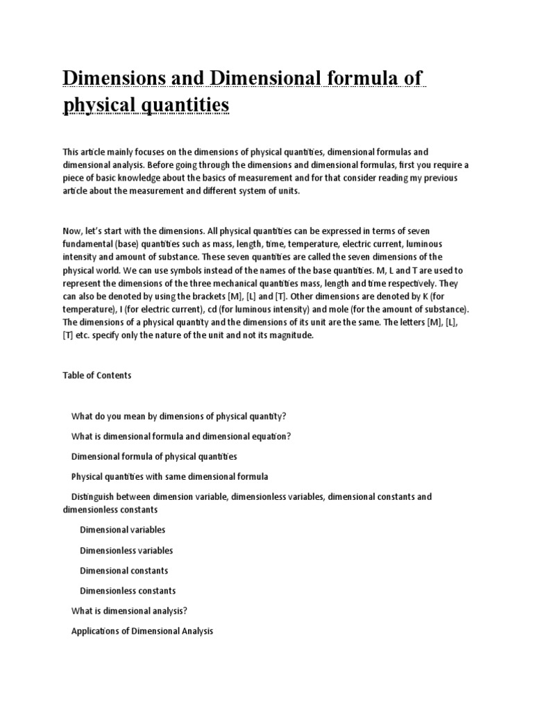 Dimensions and Dimensional Formula of Physical Quantities | PDF | Quantity | Mechanics