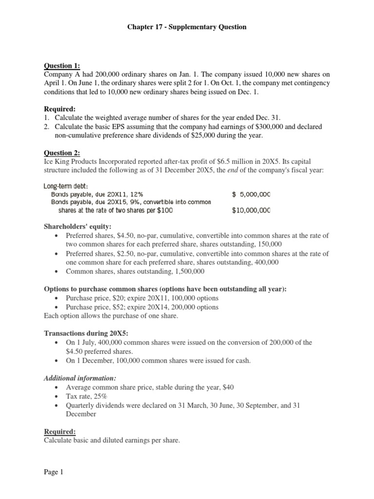 Chapter 17 - Supplementary Question | PDF | Stocks | Preferred Stock