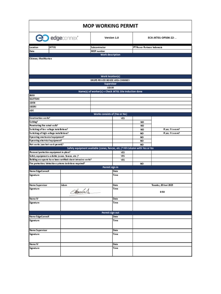 MOP Working Permit Chimney Modification - 20 - Juni - 2023 | PDF ...
