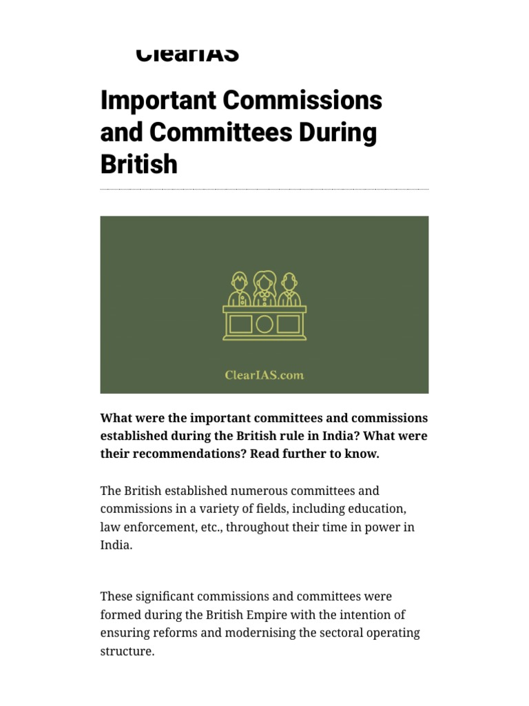 Important Commissions and Committees During British - ClearIAS | PDF ...