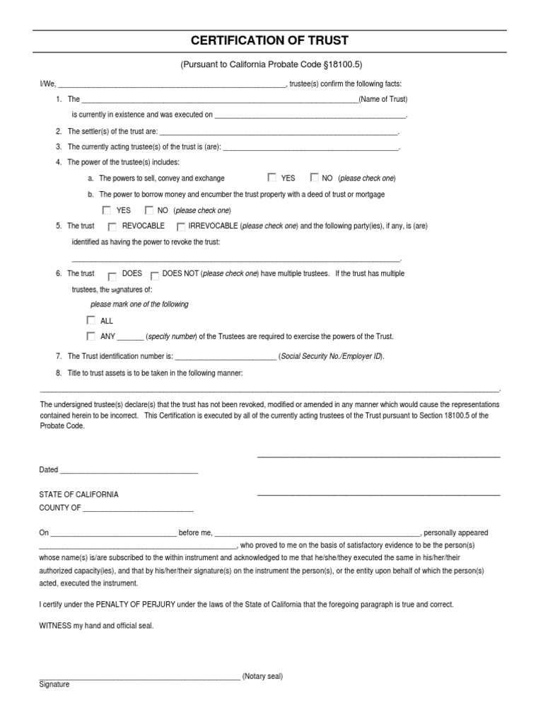 Certification of Trust 1 | PDF | Trust Law | Deed Of Trust (Real Estate)