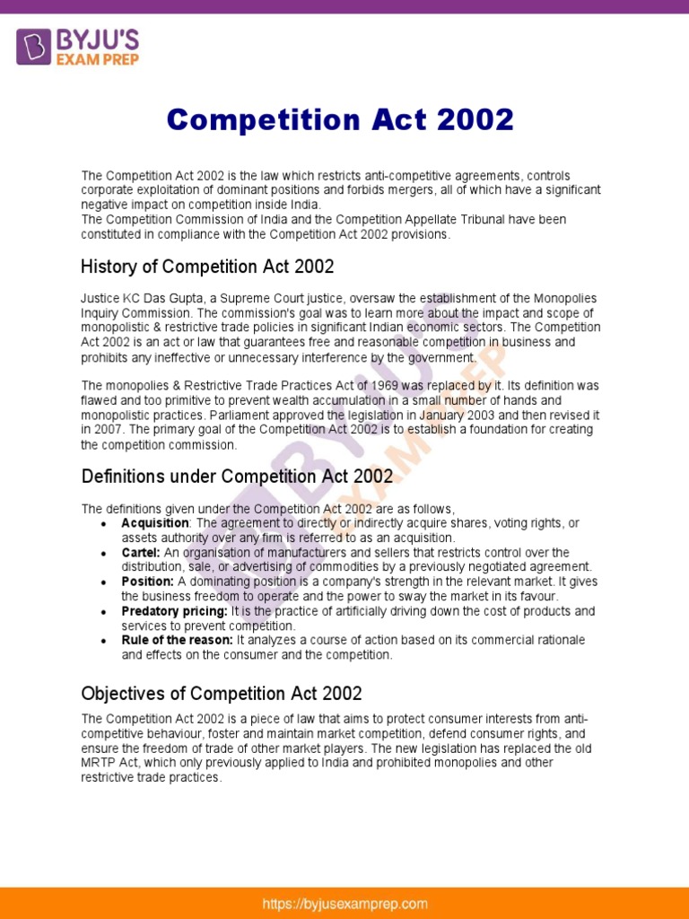 Competition Act 2002 Upsc Notes 58 | PDF | Competition Law | Monopoly