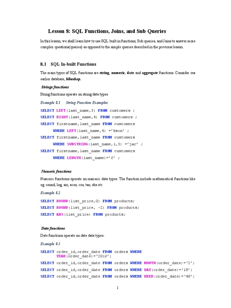 Lesson08-SQL Functions, Subqueries, and Joins | PDF | Information Retrieval | Data Management