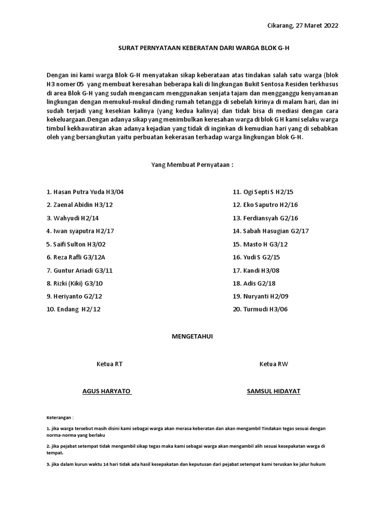 Surat Pernyataan Keberatan Dari Warga Blok G | PDF Surat Pernyataan Keberatan Dari Warga Blok G | PDF