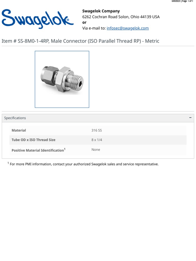 SS 8M0 1 4RP MaleConnector (ISOParallelThreadRP) Metric | PDF