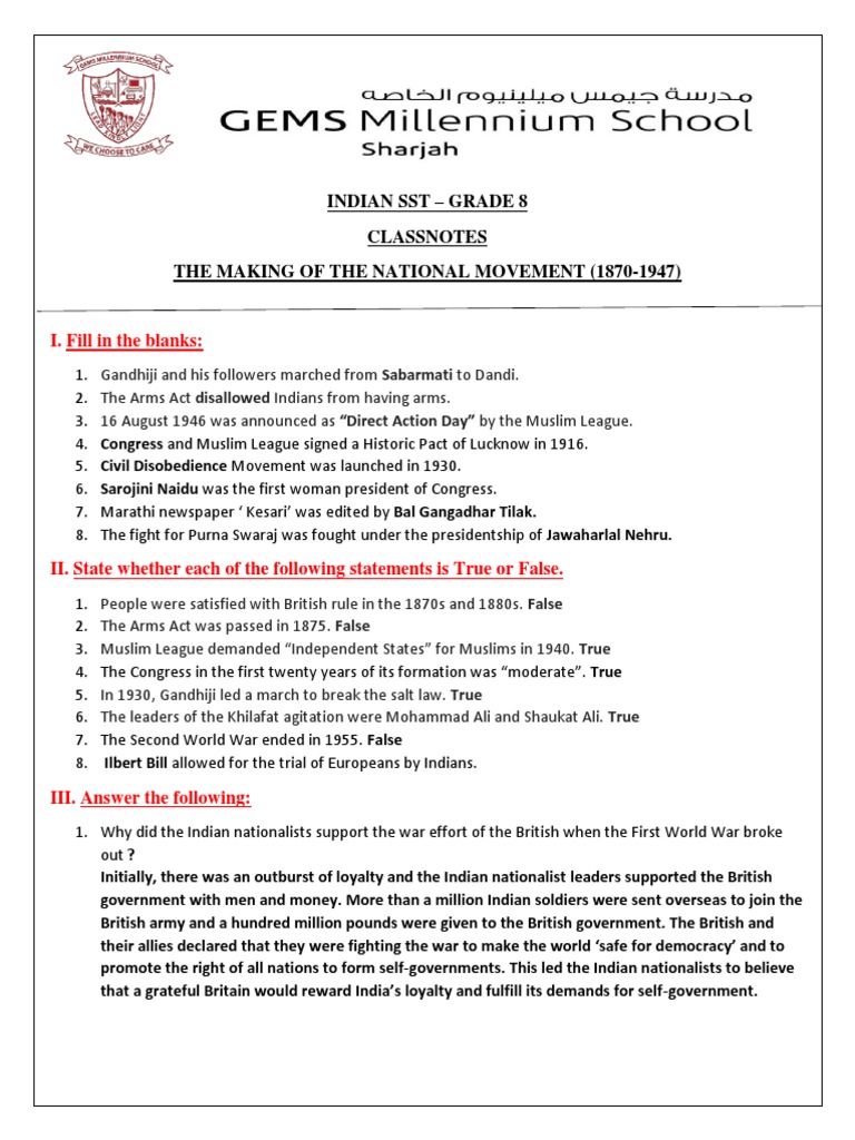 Class Notes - The Making of National Movement 1870-1947 | PDF | British ...