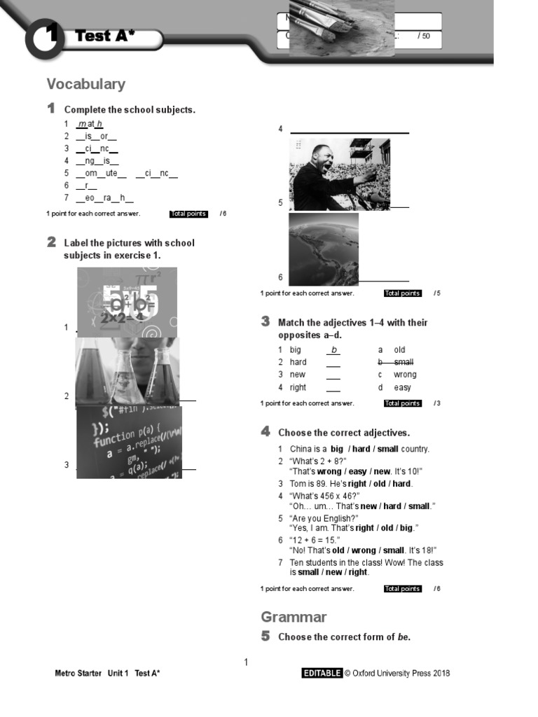 Metro Starter Unit 1 Test A One Star | Download Free PDF | Linguistic ...