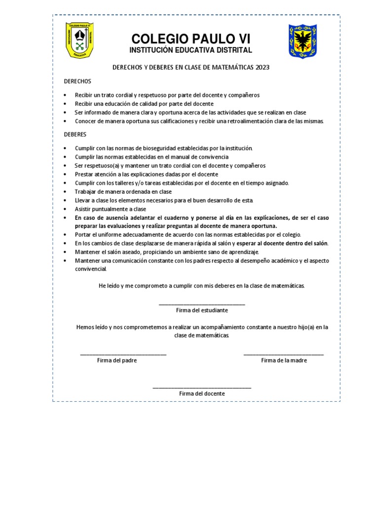 Derechos y Deberes en Clase de Matemáticas 2023 | PDF