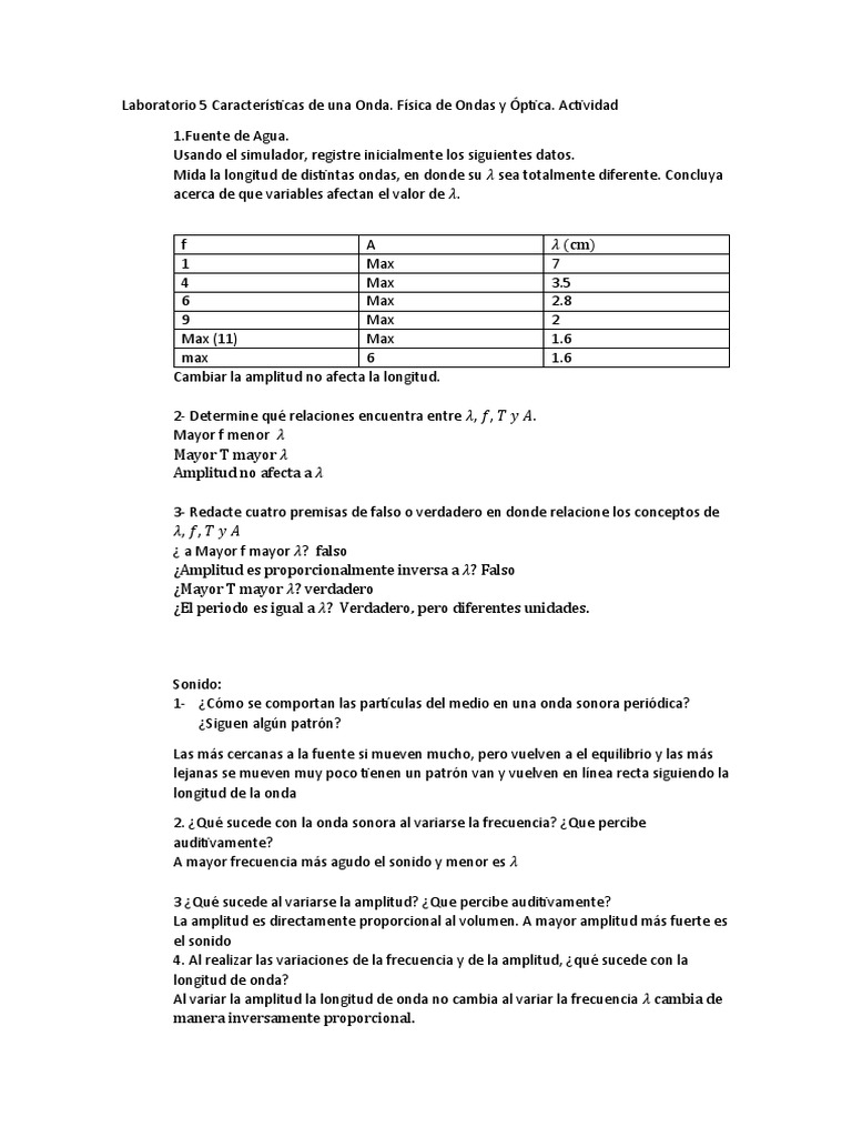Laboratorio 5 Características de Una Onda | PDF | Longitud de onda ...