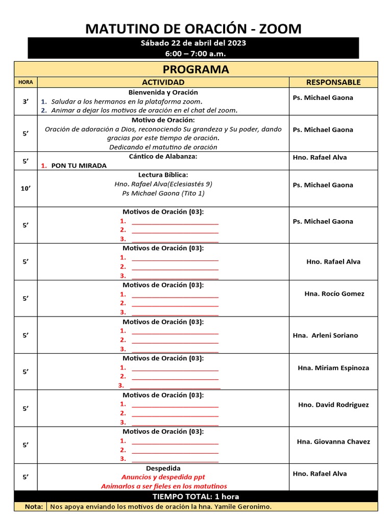 PROGRAMA DE MATUTINO DE ORACIÓN ZOOM Sábado 21-01-23 | PDF