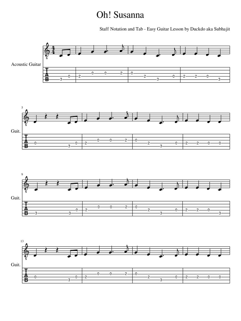 Oh Susanna - EASY GUITAR TABS AND STAFF NOTATION FOR BEGINNERS | PDF ...