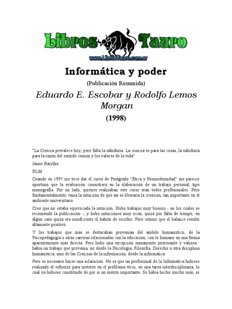 Escobar, Eduardo E. & Morgan, Rodolfo L. - Informatica y Poder | PDF | Verdad | Conocimiento