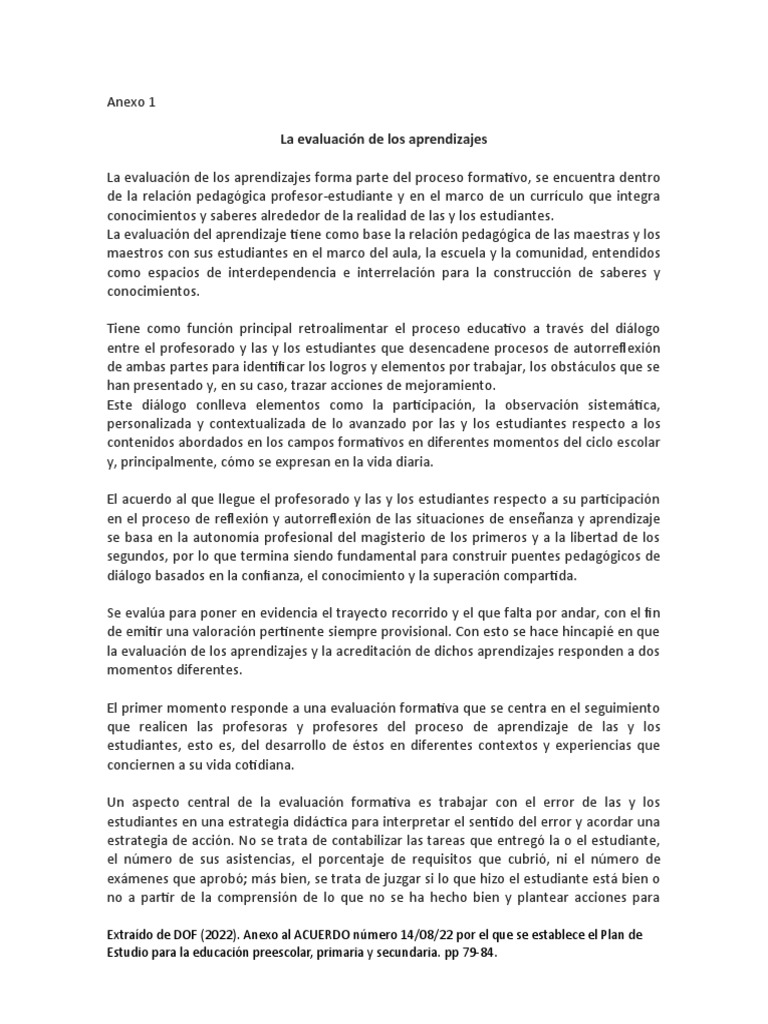 Anexo 1 - Evaluación de Los Aprendizajes | PDF | Evaluación | Enseñando
