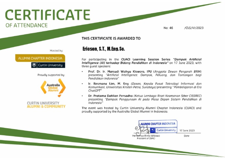 E-Certificate CLS - Ericson, S.T., M.Eng - Sc. | PDF