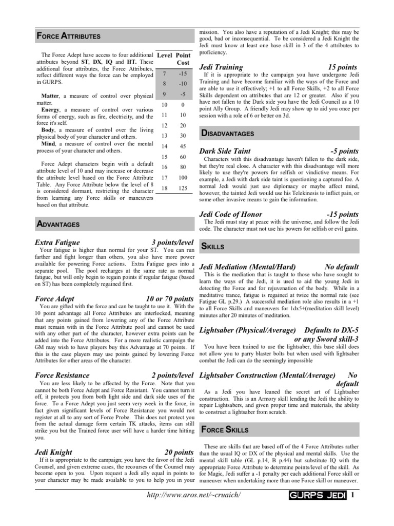 GURPS Star Wars Force Attributes Guide | PDF