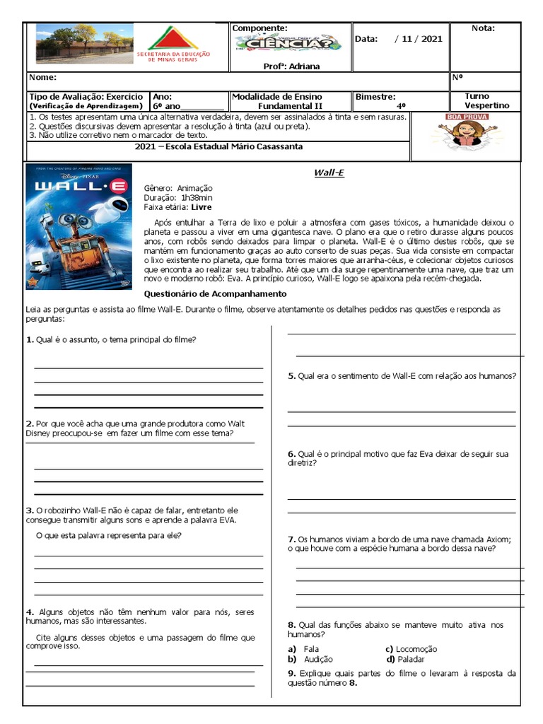 Exercicio Avaliativo Filme Wall e | PDF | Humano