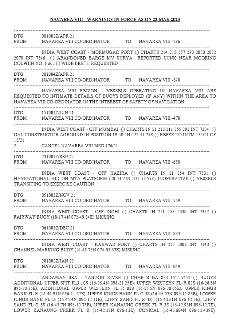 In-Force Navarea VIII Warnings-1 | PDF | Water Transport | Ships