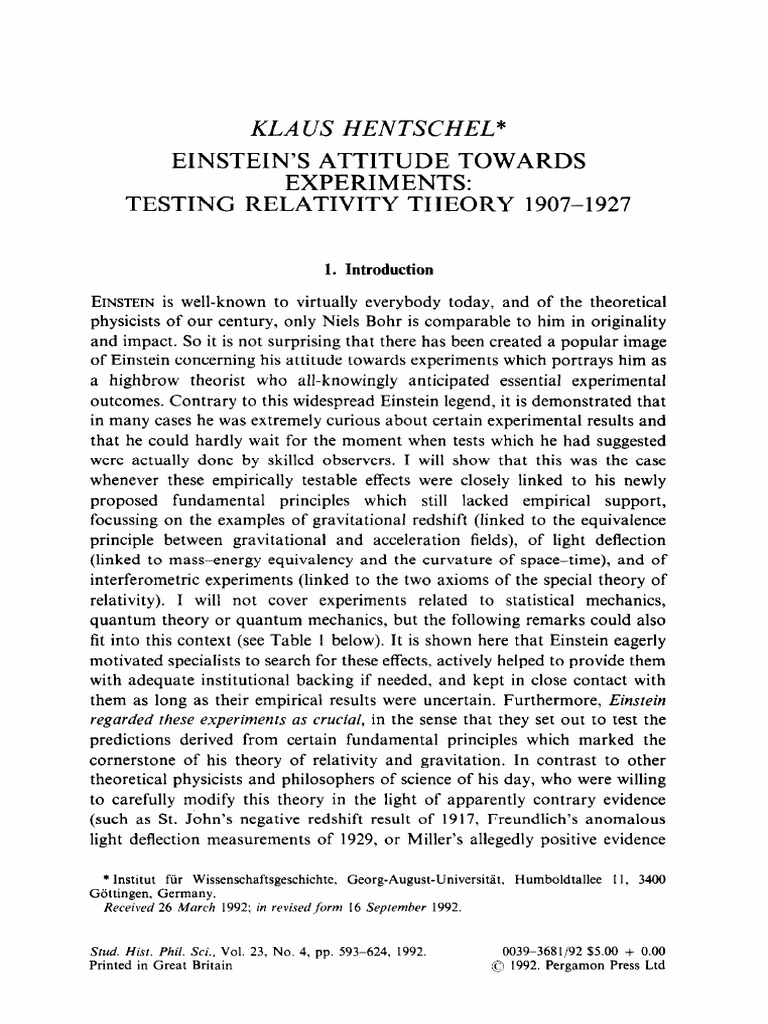Einstein's Attitude Towards Experiments - Testing Relativity Theory ...