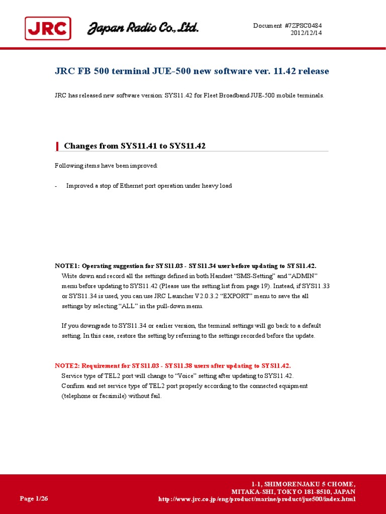 JUE-500 1142 Release Note | PDF | Ip Address | Computer Network