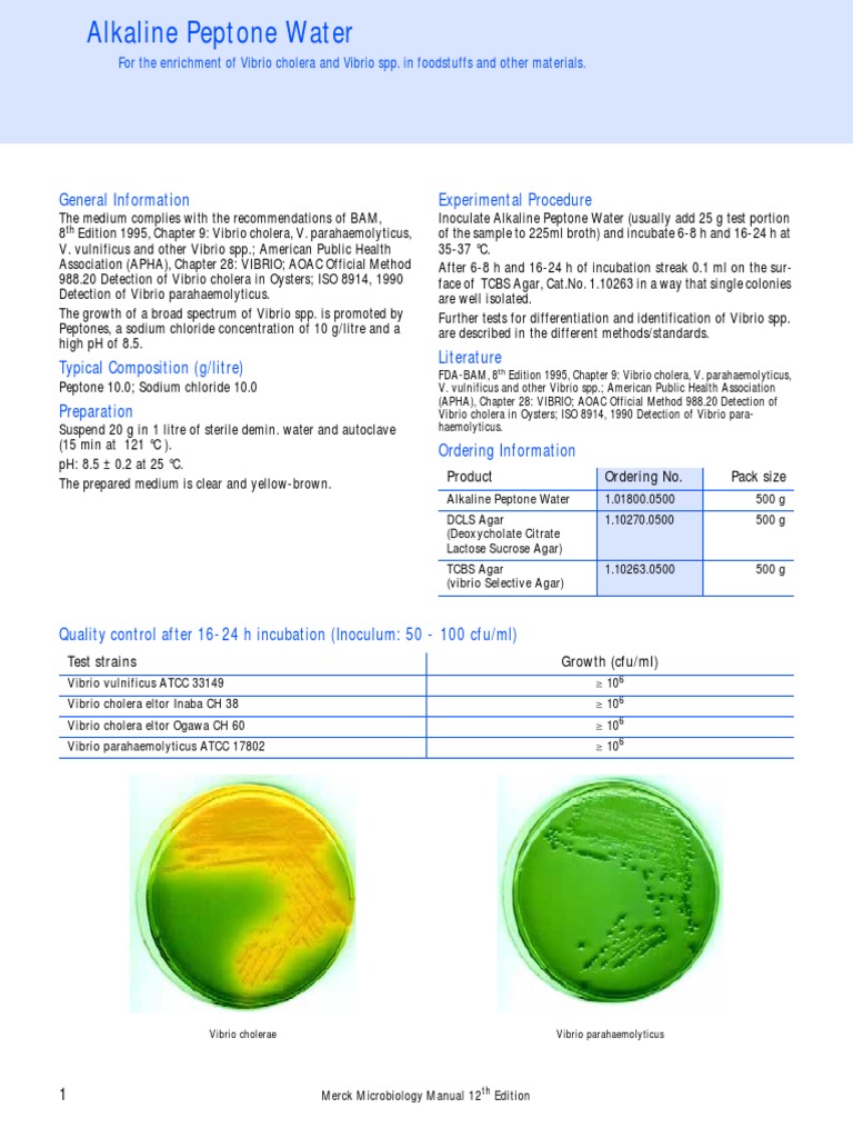 Alkaline Peptone Water | PDF | Cholera | Microbiology