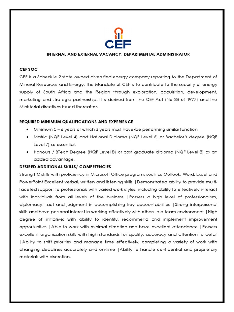 Internal and External Vacancy Departmental Administrator | PDF ...