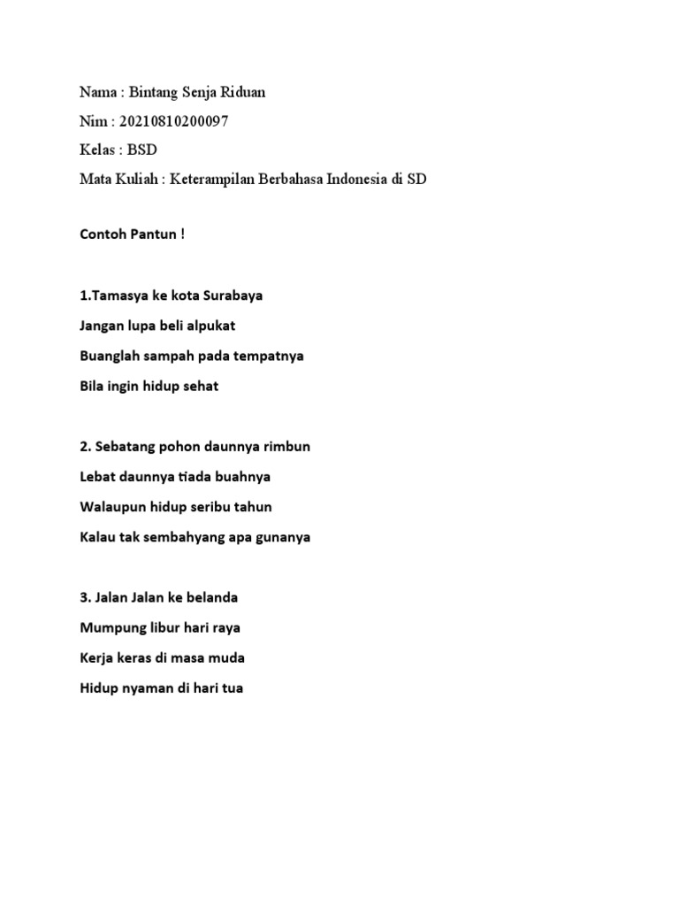 Pantun Bahasa Indonesia BINTANG SENJA | PDF | Seni & Disiplin Bahasa